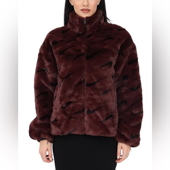 Nike | Jackets & Coats | Nike Sportswear Plush Burgundy Faux Fur Jacket ...